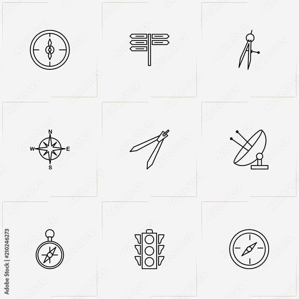 Navigation line icon set with road signboard, traffic light and ...