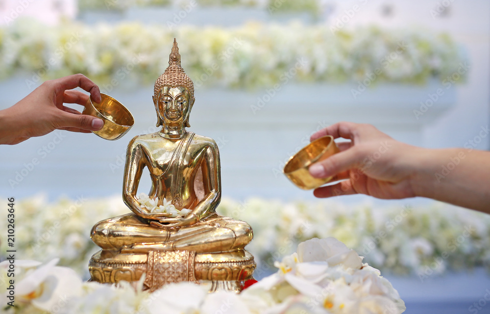 Water blessing ceremony for Songkran Festival or Thai New Year. People ...