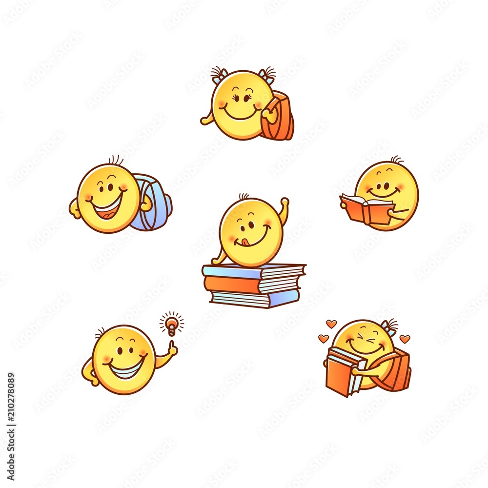 Vetor de Funny hand drawn children student smile, emoji faces with arms ...