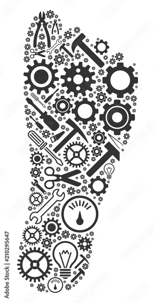 Human footprint collage of workshop instruments. Vector human footprint ...