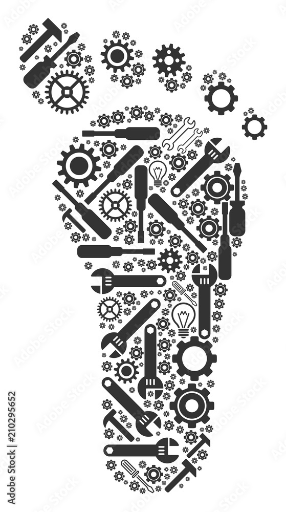 Human footprint mosaic of service instruments. Vector human footprint ...