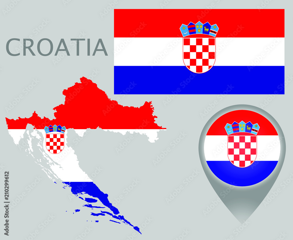 Colorful flag, map pointer and map of Croatia in the colors of the ...