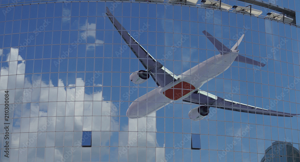Jet plane, sky reflection on windows, modern building. Stock Photo ...