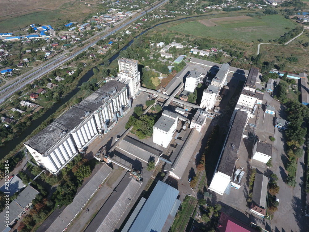 Top view of a silo elevator. The huge building for storing and drying ...