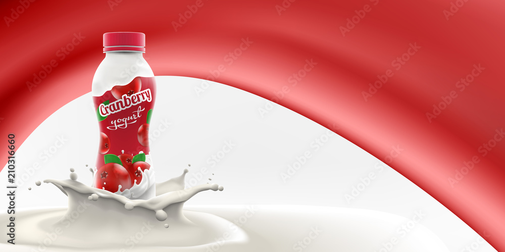 Vector ads of yogurt packging with cranberry flavor and pieces in cream ...