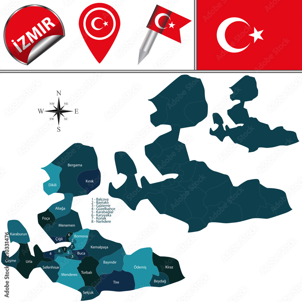 Map of Izmir, Turkey with Districts Stock Vector | Adobe Stock