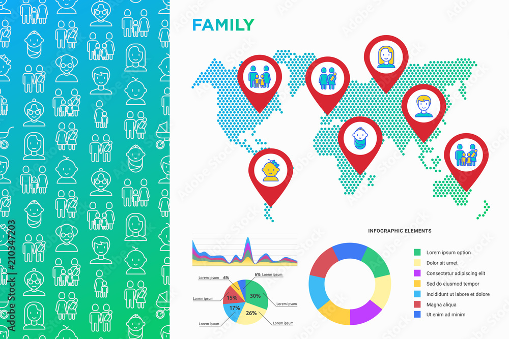 Family infographics on world map with thin line icons: mother, father ...