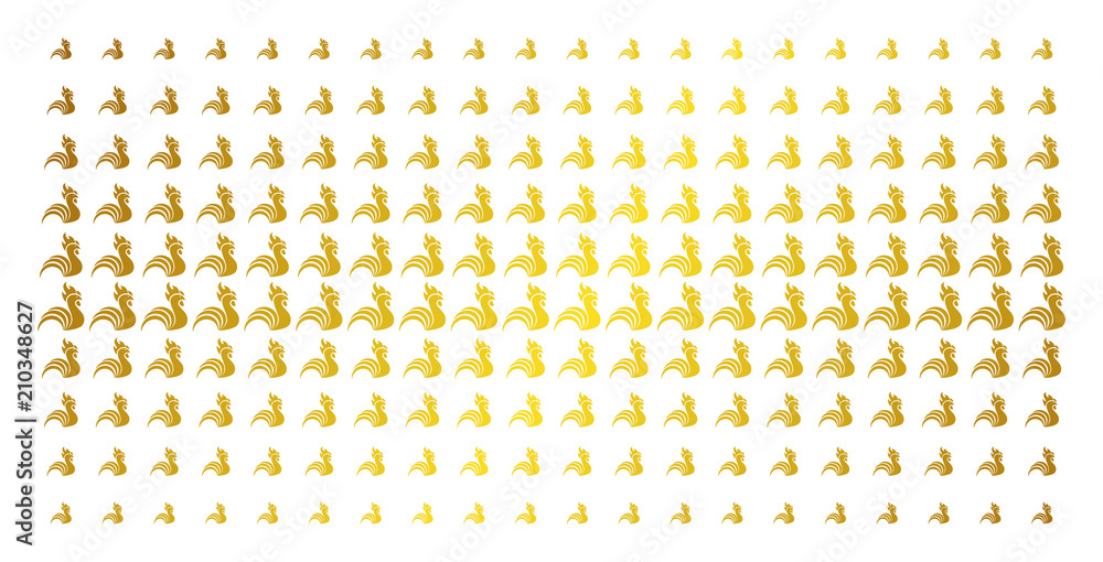 Rooster icon golden halftone pattern. Vector rooster shapes are ...