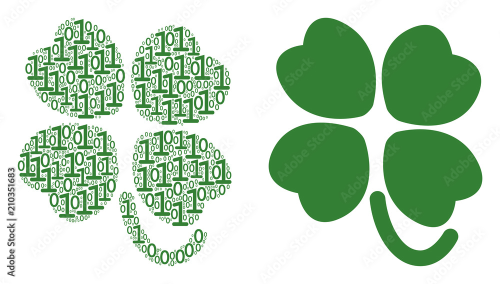 Four-leafed clover collage icon of one and zero digits in various sizes ...