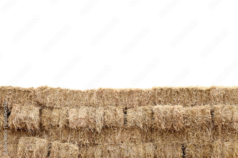 straw, straw block cube wall, row pile straw dry, hay isolated white ...