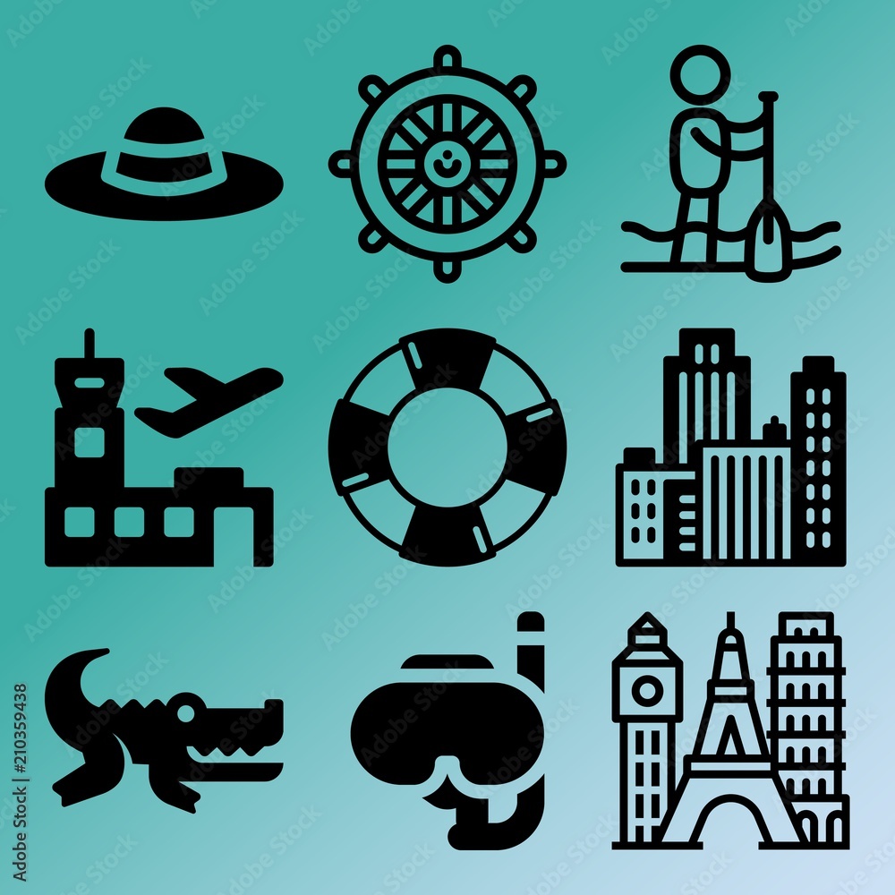 Vector icon set about travel and tourism with 9 icons related to lake ...