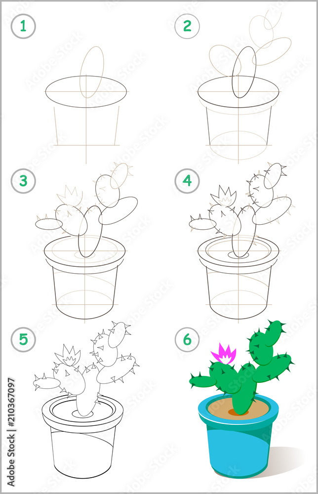 Page shows how to learn step by step to draw flowering cactus in a ...