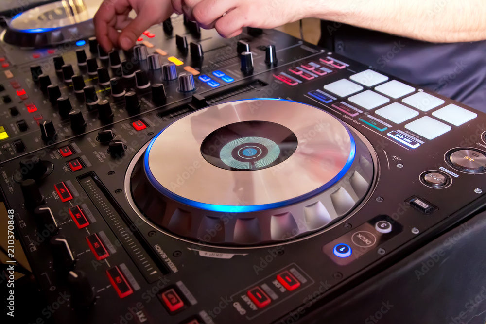 Professional concert dj turntables player device with sound mixer panel ...