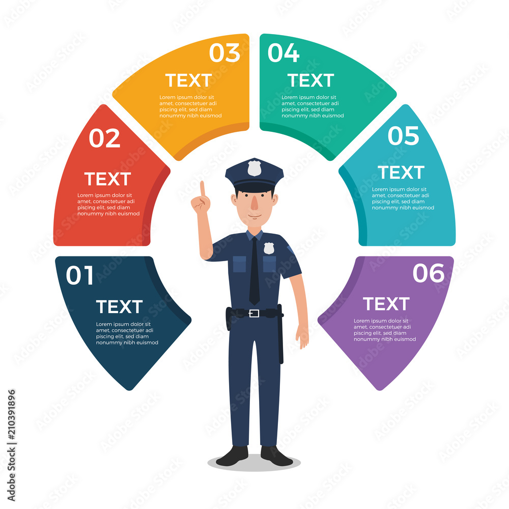 Policeman with circle chart infographic design template. 6 options for ...