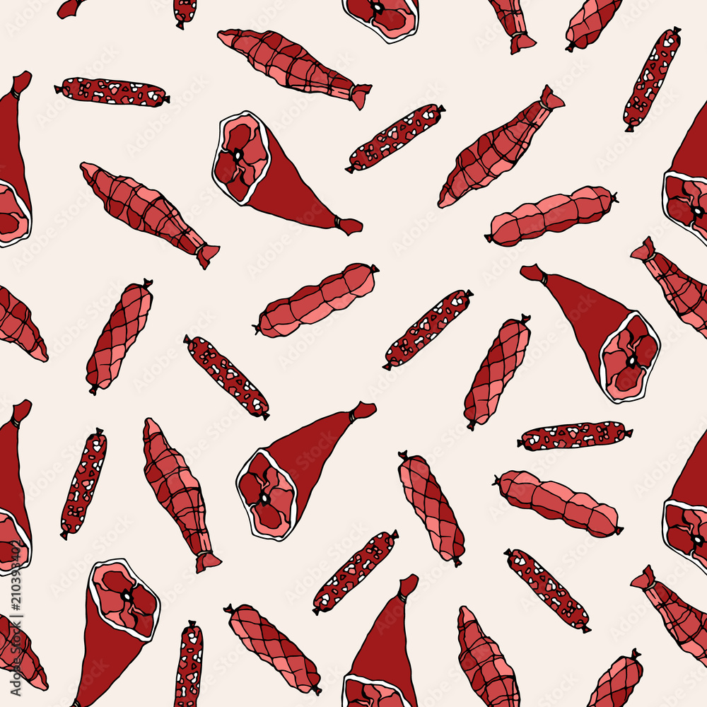 Meat product seamless pattern. Food. Hand drawn. Bacon, sliced saveloy ...