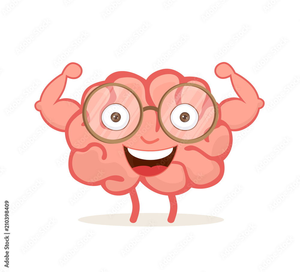 Strong happy healthy brain cartoon character show his biceps. Vector ...