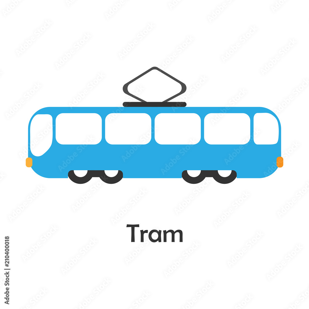 Tram in cartoon style, card with transport for kid, preschool activity ...
