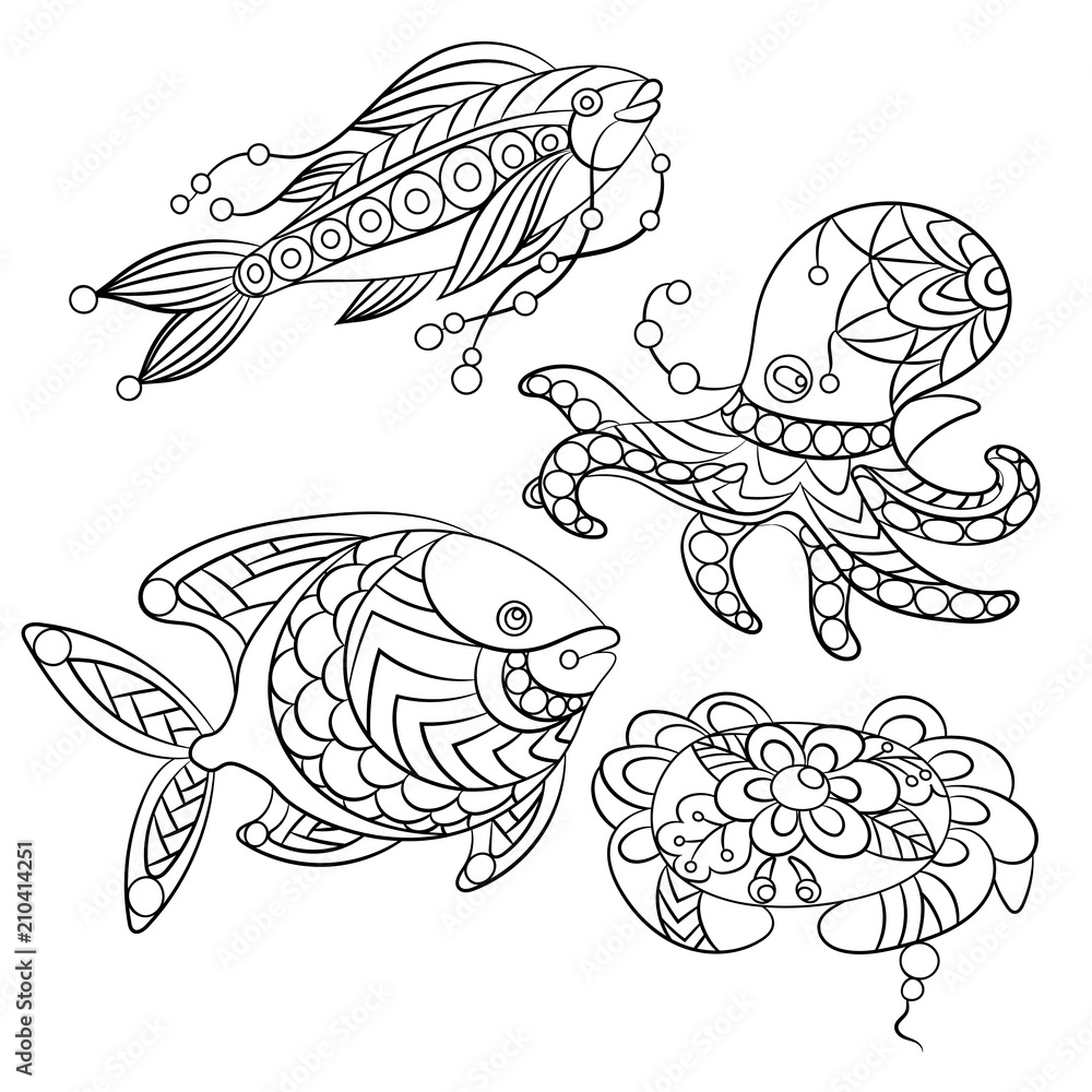 Set of sea animals in vector graphic illustration in coloring pages for ...