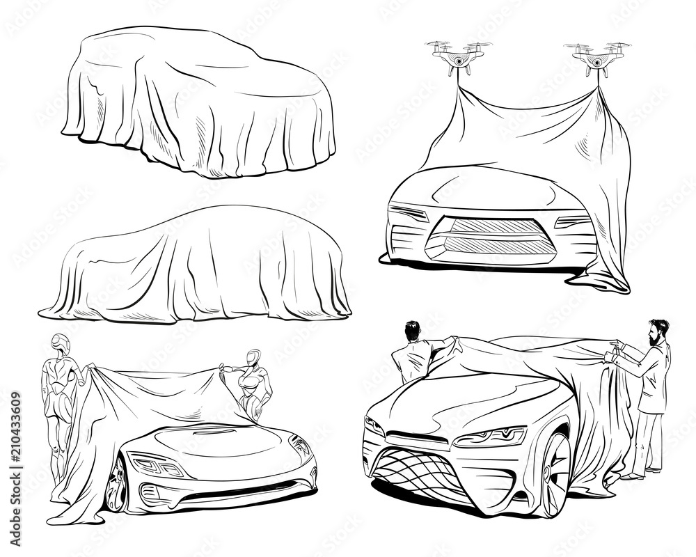 Car presentation by robots of a new model covered with a cloth. Hand ...