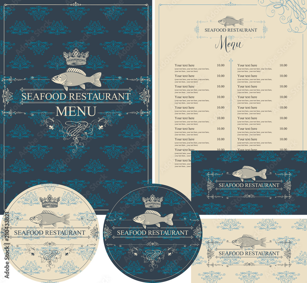 Vector set of design elements for seafood restaurant with fish and ...