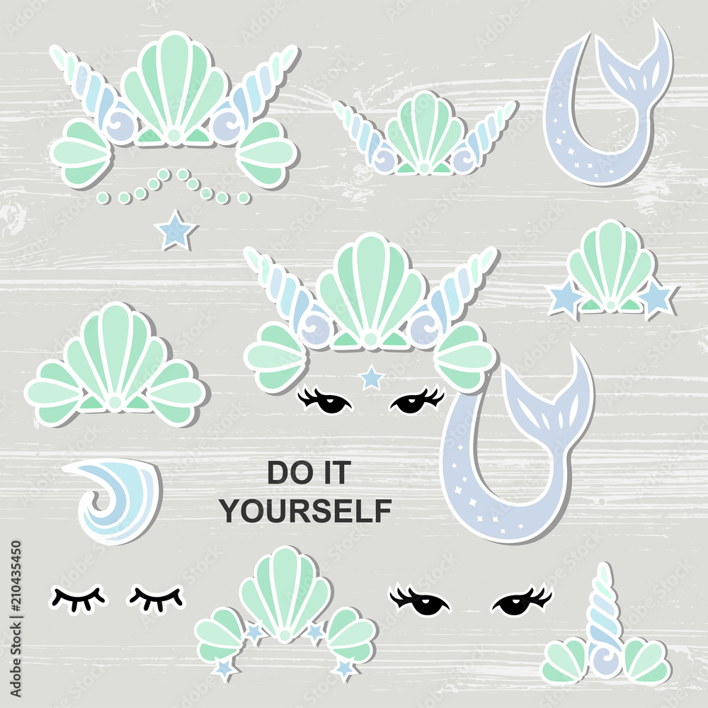 Mermaid creator. Vector set with Sea Shell Crowns, tail, eyes. Stock ...