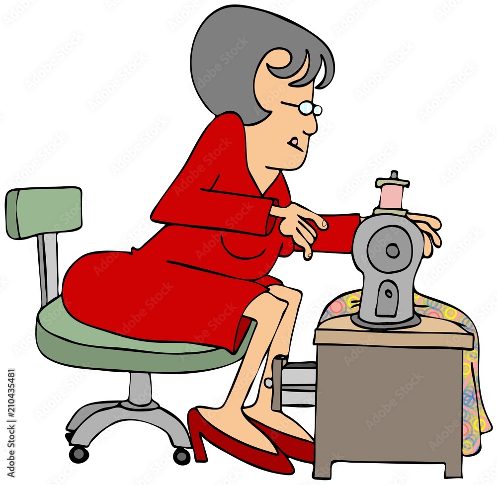 Illustration Of A Woman Seamstress Sitting At Her Sewing Machine Stock