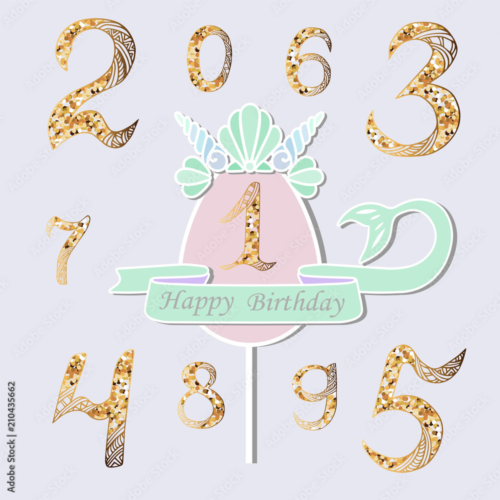 Vector set with number One, Mermaid tail, Sea Shell Crown. Topper or ...