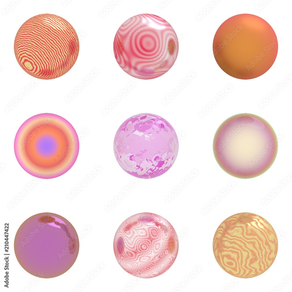 Nine different textures, imposed on spheres. Strips, spots, reflections ...