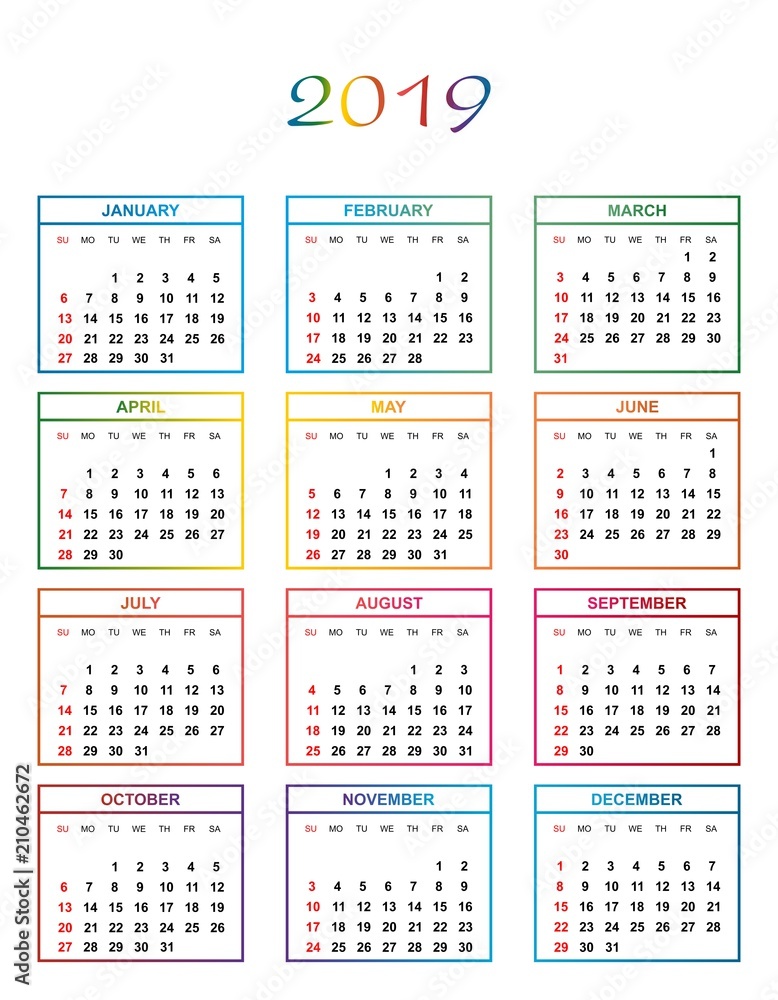 Simple color calendar for the year 2019. The names of days and months ...