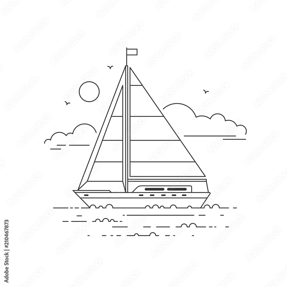 Line drawing of a sailing yacht floating on the waves of the sea on a ...