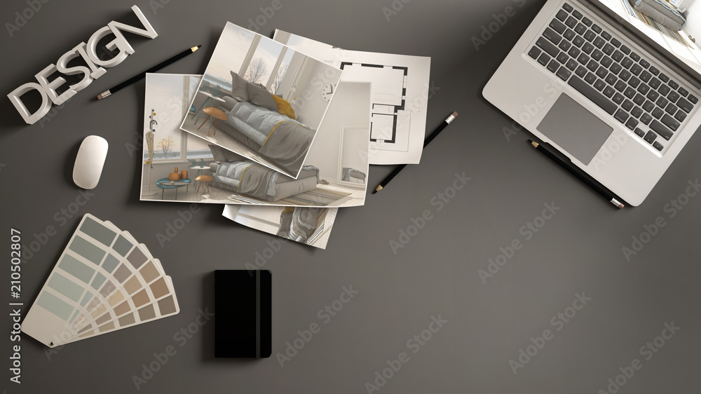 Architect designer concept, dark work desk with computer, paper draft ...