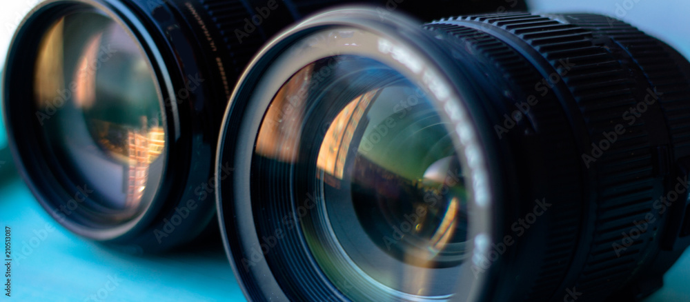 Camera lens with bokeh lights background, banner for website Stock ...