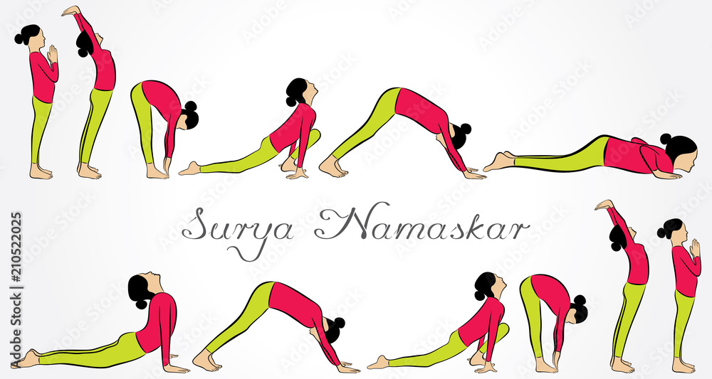 Vetor de illustration of woman doing SURYA NAMASKAR do Stock | Adobe Stock