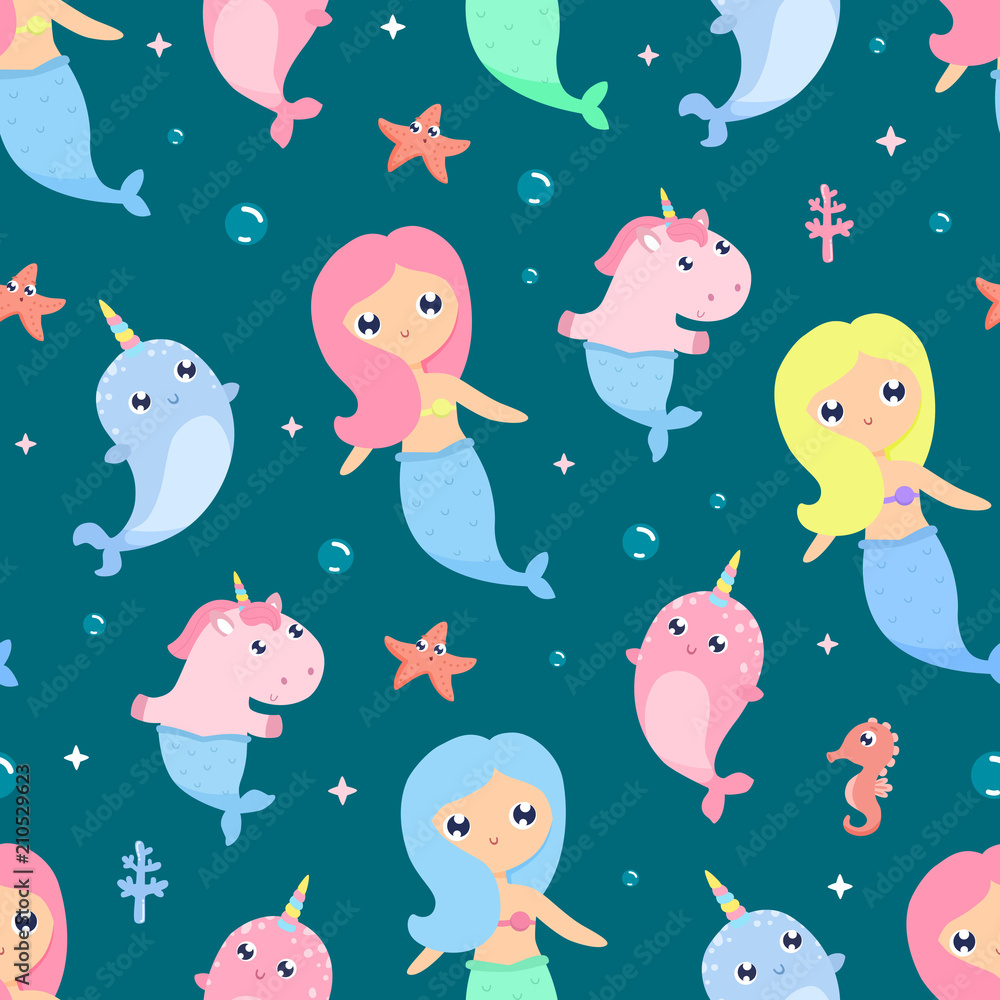 Mermaid seamless background Stock Vector | Adobe Stock