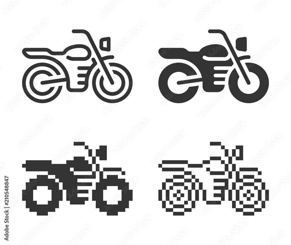 Monochromatic motorcycle icon in different variants: line, solid, pixel ...