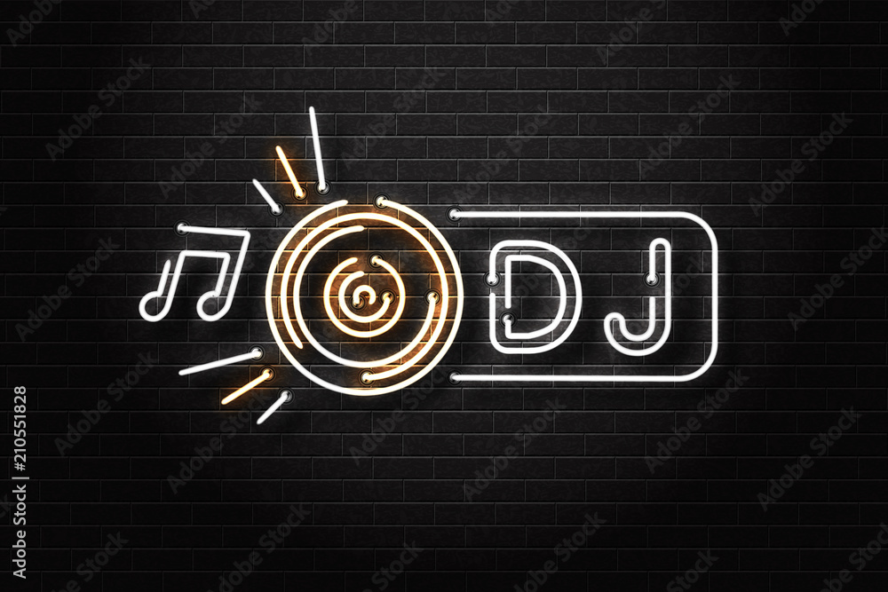 Vector realistic isolated neon sign of Dj logo with vinyl for ...
