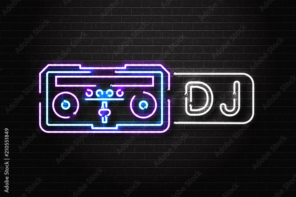 Vector realistic isolated neon sign of Dj logo with console for ...