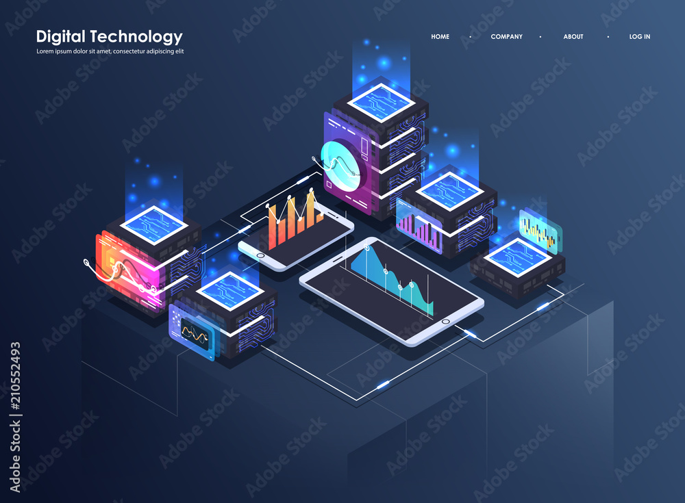 Concept of big data processing, Isometric data center, vector ...