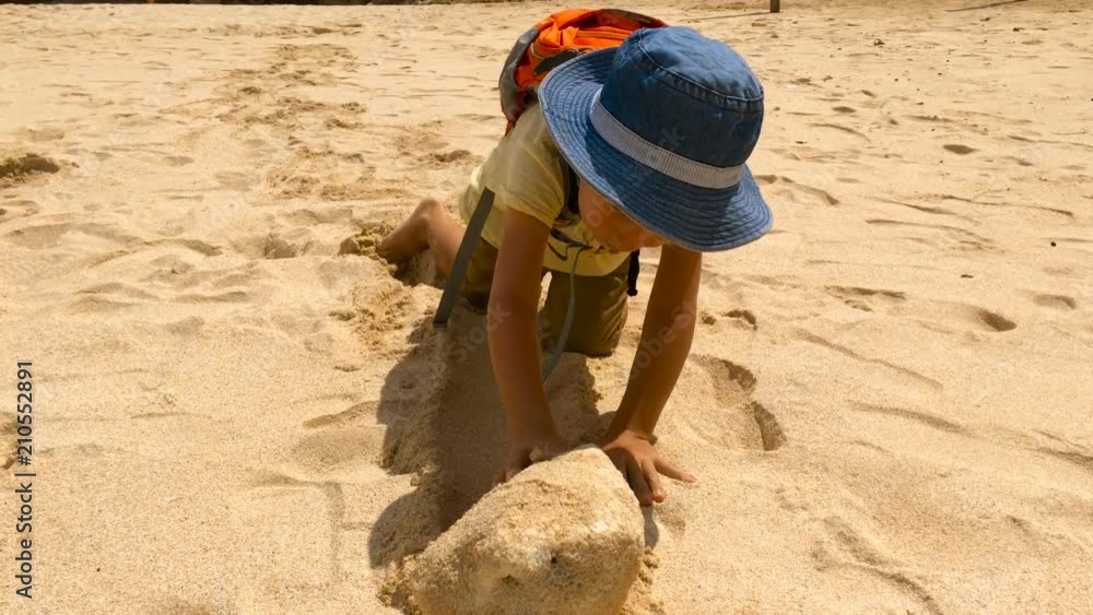 persistent little boy push a big stone on a beach with big waves ...