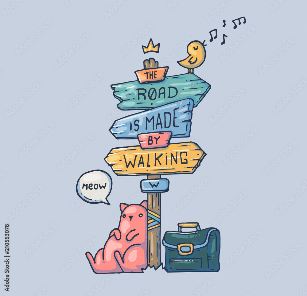 Wooden arrow direction Signboard with cute cat. Cartoon illustration ...