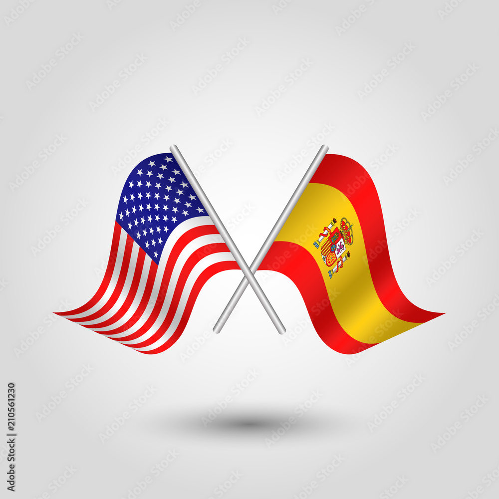 vector two crossed american and spanish flags on silver sticks - symbol ...