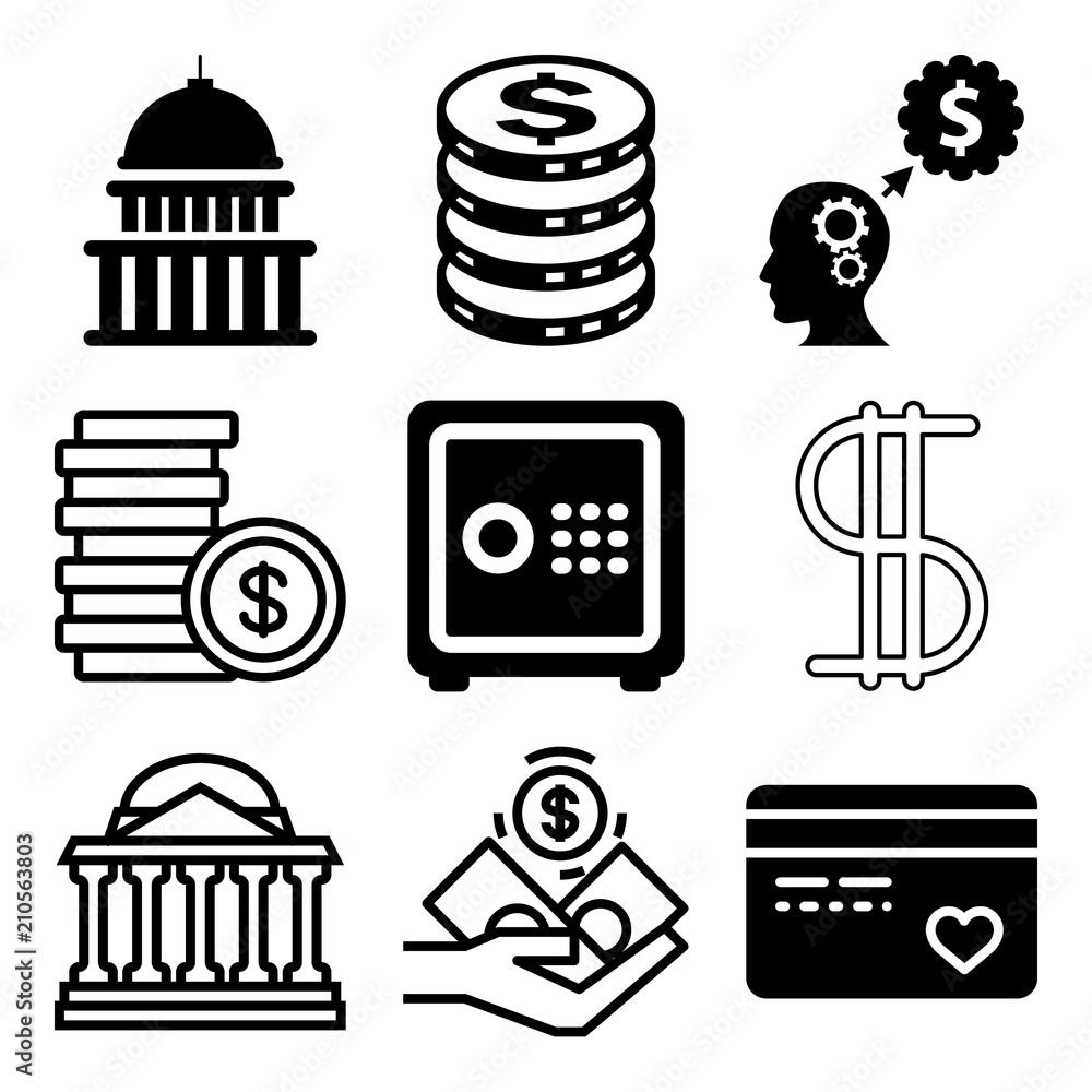 Vector icon set about bank with 9 icons related to document ...