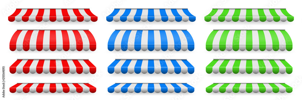 Creative vector illustration of colored striped awnings set for shop ...