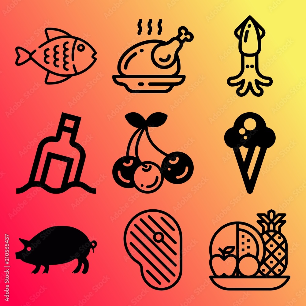 Vector icon set about food with 9 icons related to refreshment, steak ...