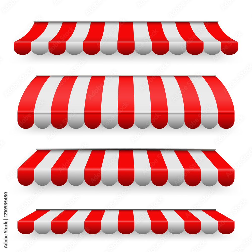Creative vector illustration of colored striped awnings set for shop ...