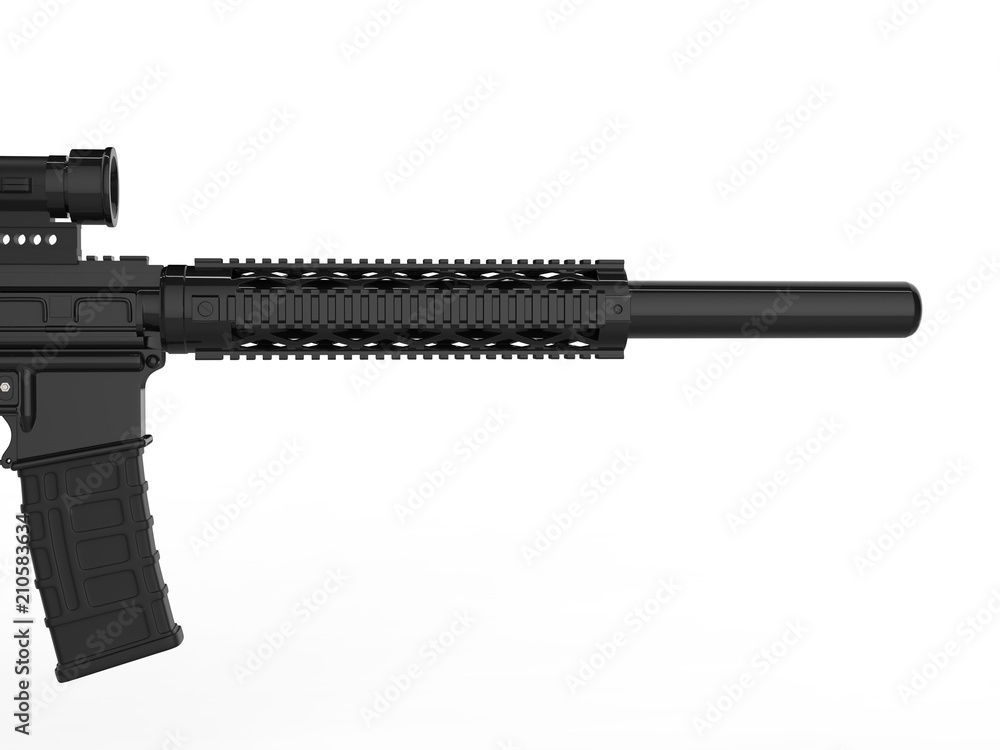 Modern army assault rifle with silencer - closeup on the barrel - side ...