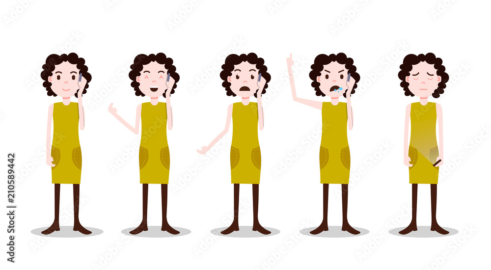 set teen girl character different poses and emotions phone call female ...