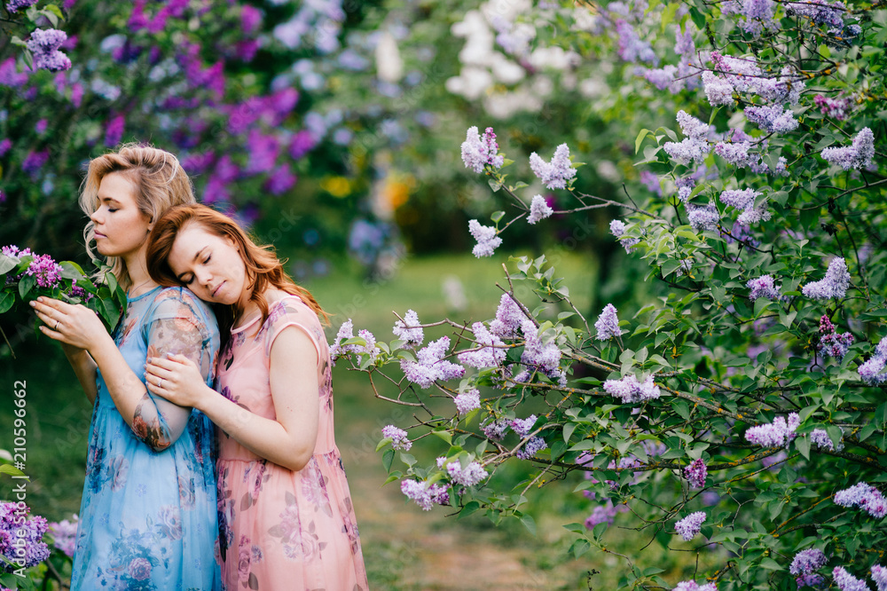 Romantic Mood Twin Sisters Tender Relationship Beautiful Twins Young Models In Colorful Summer