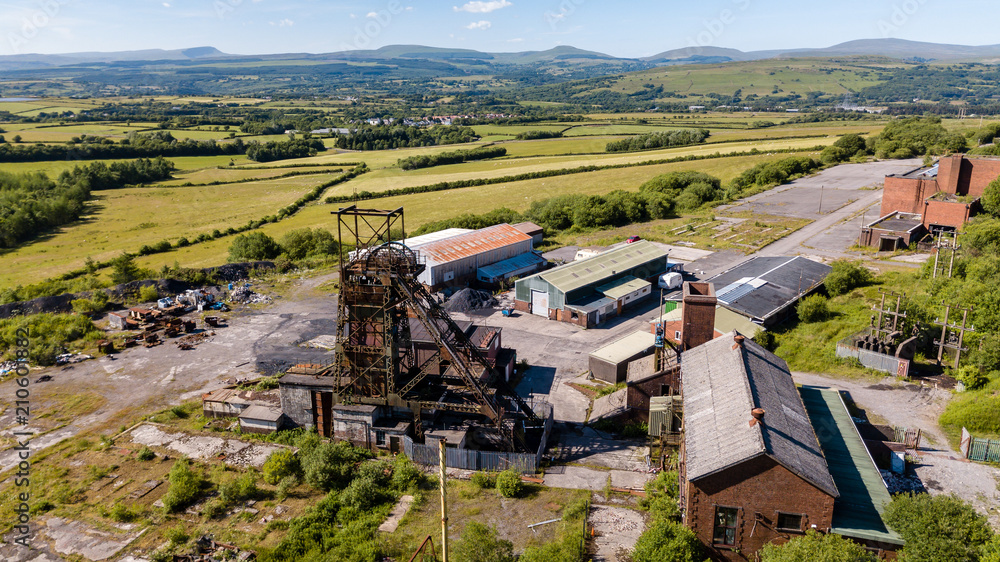 Aerial drone view of a closed, abandoned coal mine (Tower Colliery ...