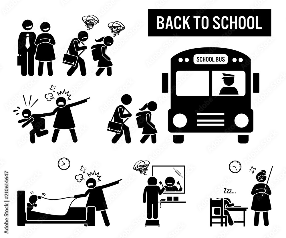 Back to school. Stick figure pictogram depicts school children going ...